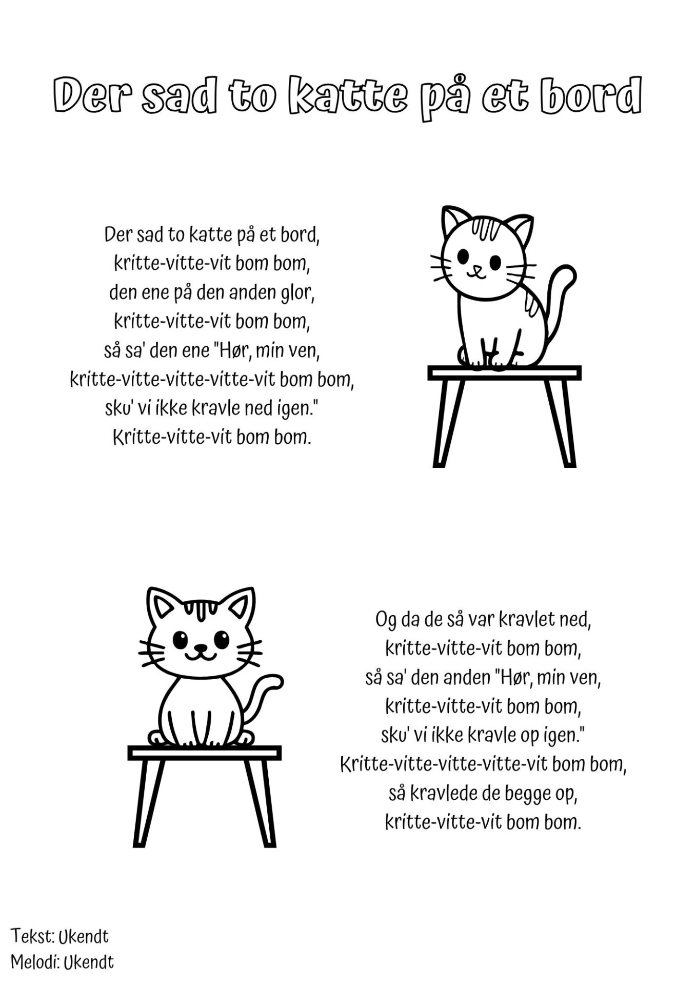 Der sad to katte på et bord | Print sangen gratis her!